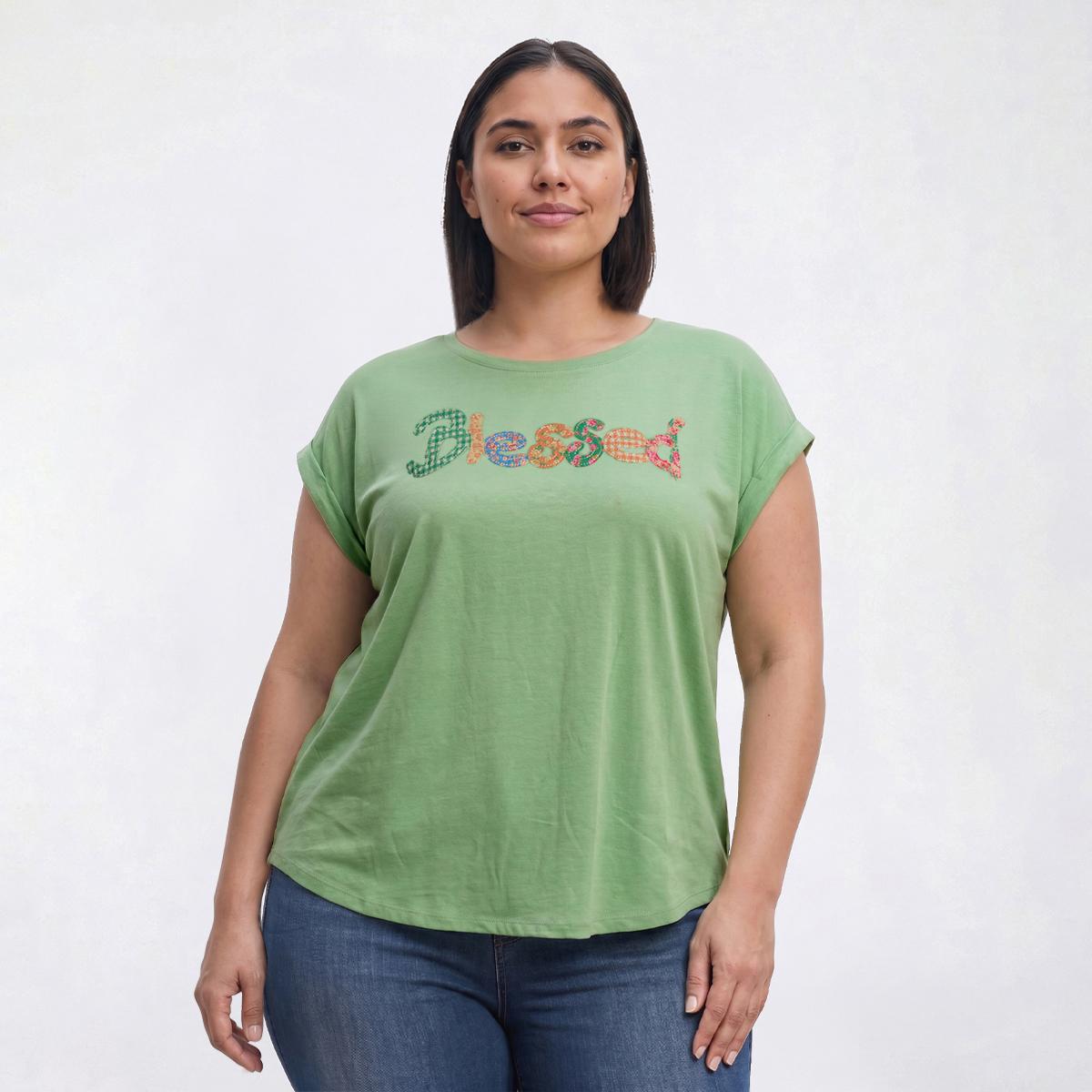 Click here for Plus Size Tru Self Short Dolman Sleeve Applique Bl... prices